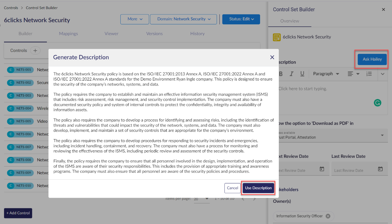 Ask Hailey for Control Description Generation